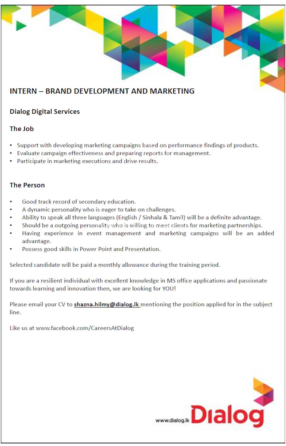 Intern - Brand Development and Marketing at Dialog Axiata