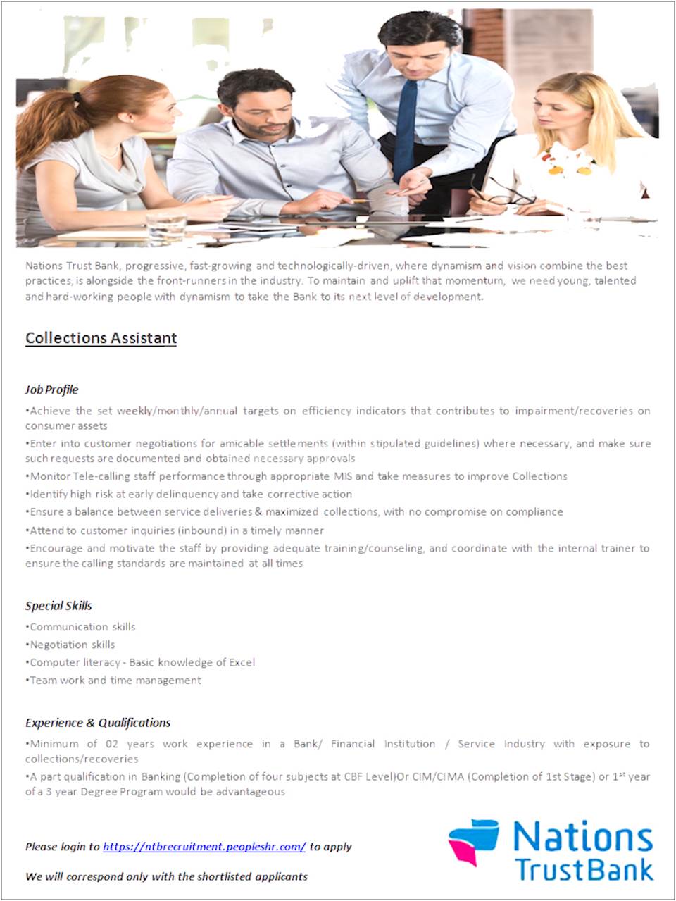 Collections Assistant at Nations Trust Bank