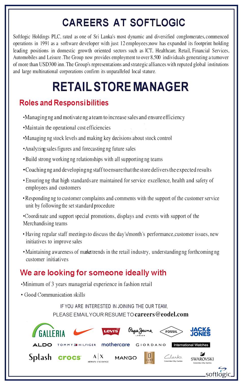 Retail Store Manager at Softlogic Holdings PLC