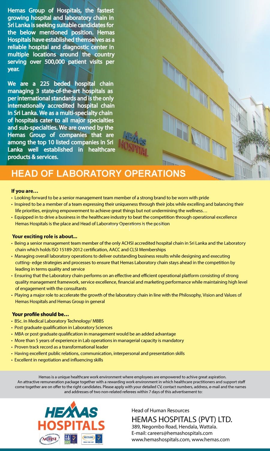 Head of Laboratory Operations at Hemas Hospitals