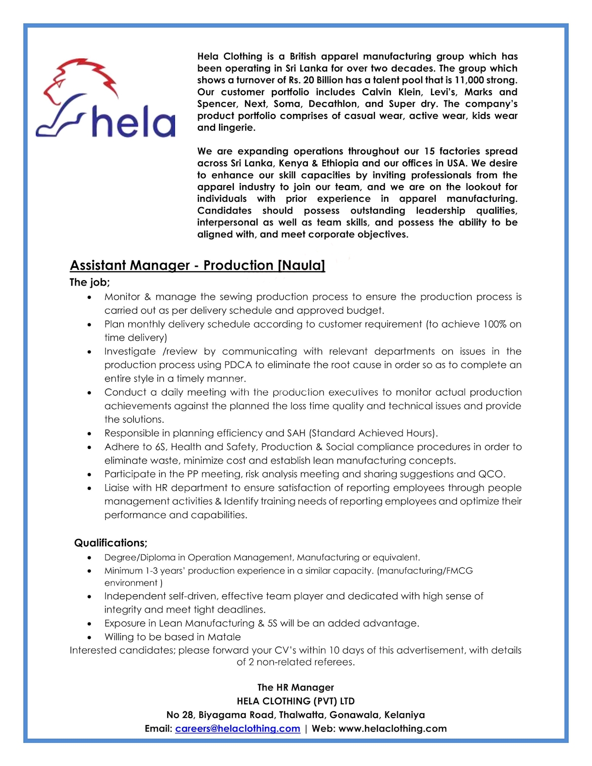 Assistant Manager - Production (Naula) at Hela Clothing
