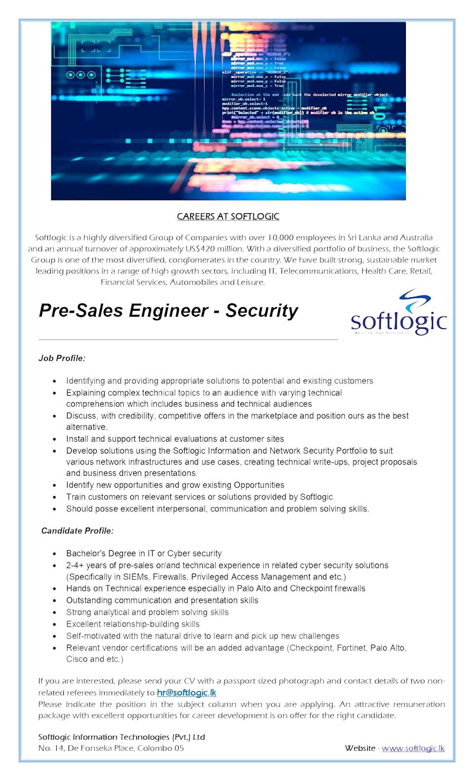 Pre-Sales Engineer - Security at Softlogic Holdings PLC