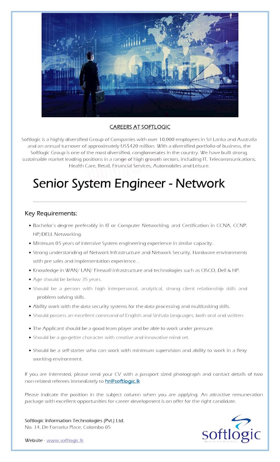 Senior System Engineer - Network at Softlogic Holdings PLC