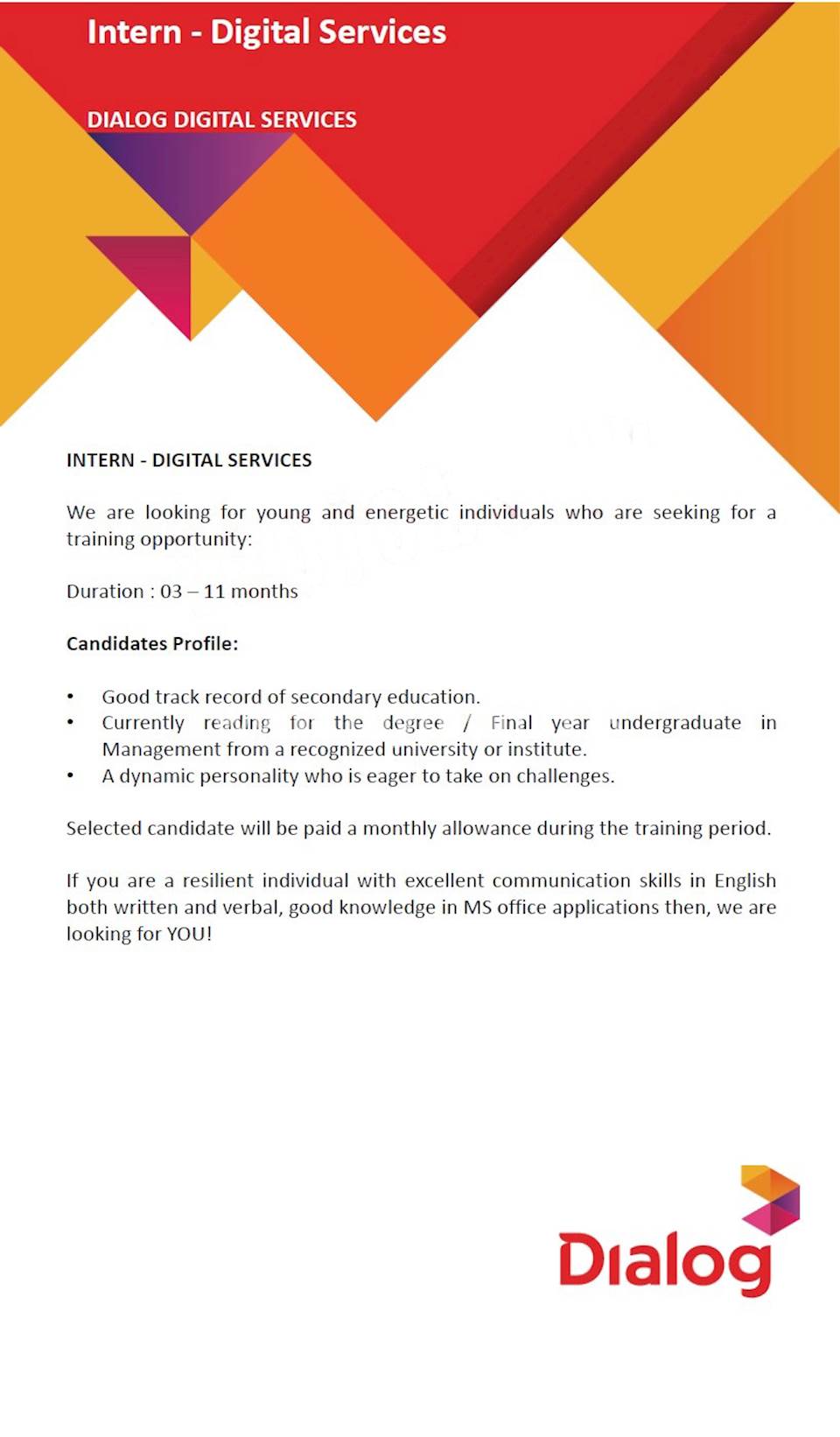 Intern - Digital Services at Dialog Axiata