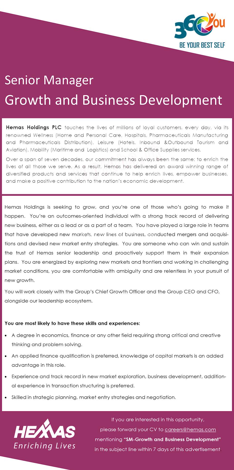 Senior Manager - Growth and Business Development at Hemas Holdings