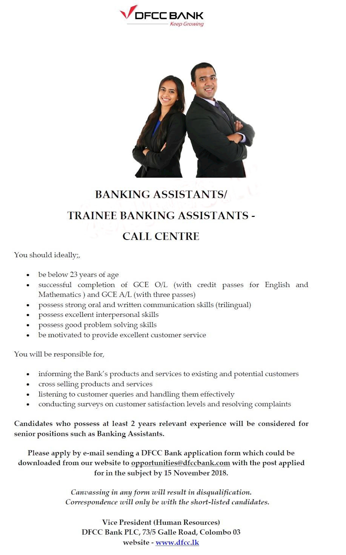 Banking Assistants / Trainee Banking Assistants - Call Centre at DFCC ...