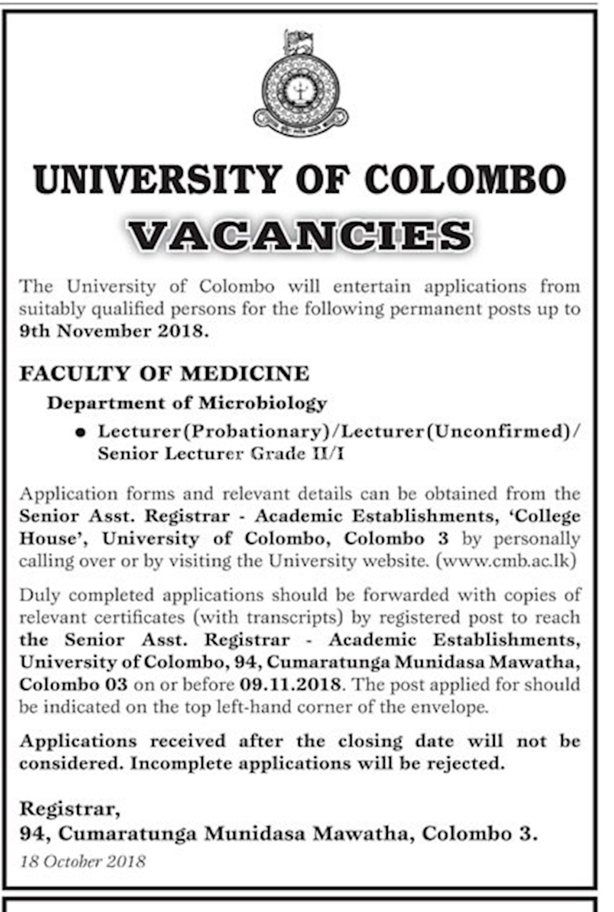Vacancies at University of Colombo