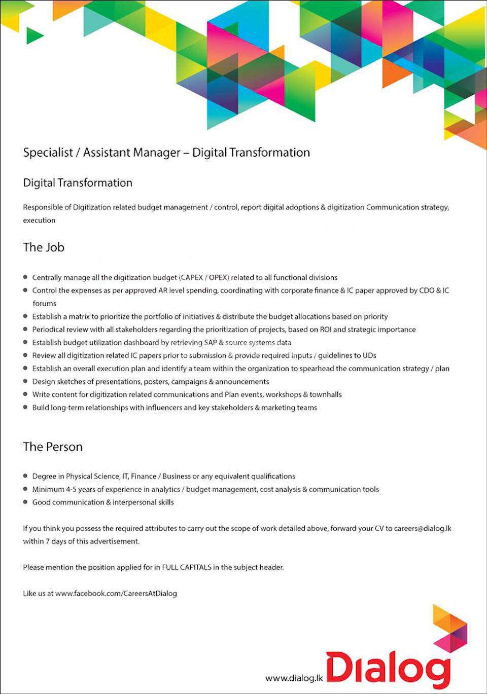 Specialist / Assistant Manager - Digital Transformation at Dialog Axiata