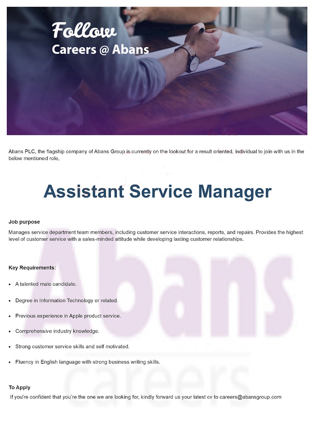 Assistant Service Manager at Abans