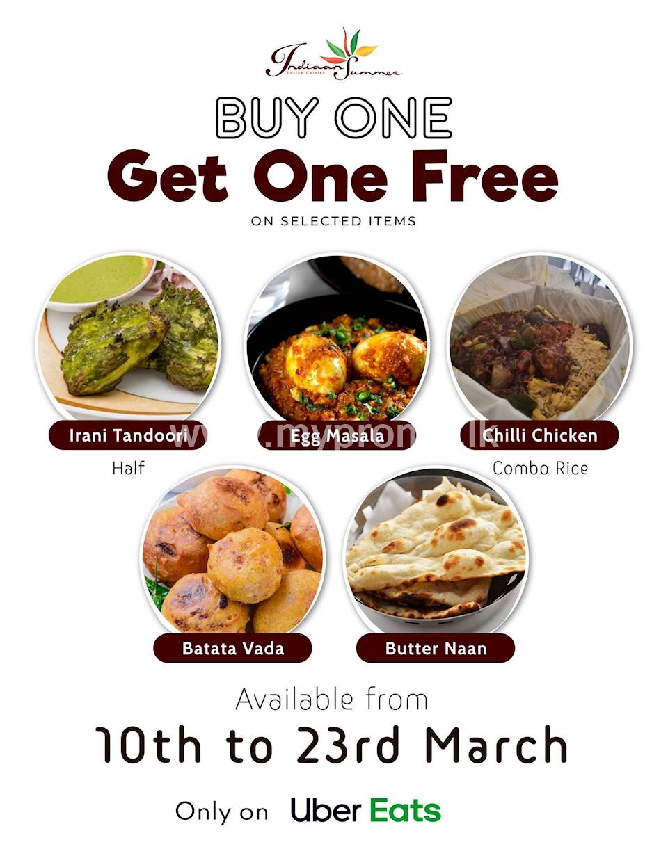Buy One & Get one FREE on selected items on Uber Eats at Indian Summer