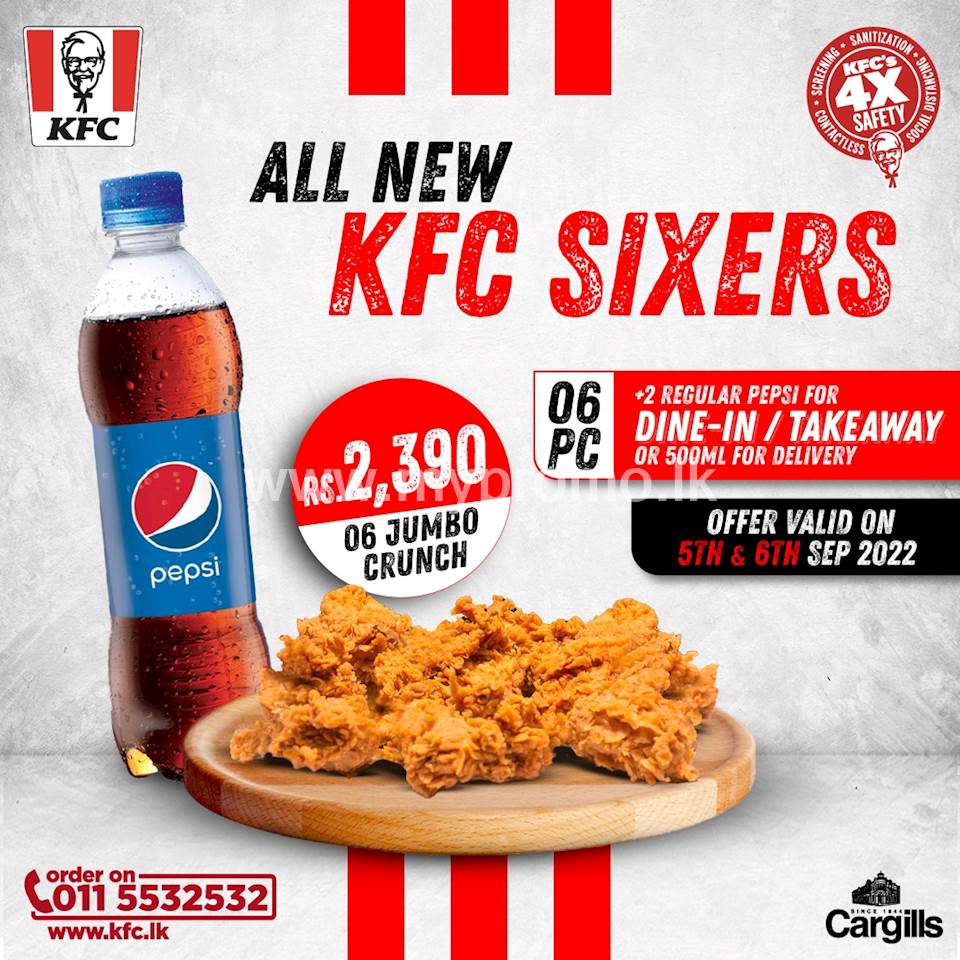 The All New Kfc Sixers Enjoy 6 Pieces Of Our Delicious Jumbo Crunch With A Side Of Pepsi At Kfc