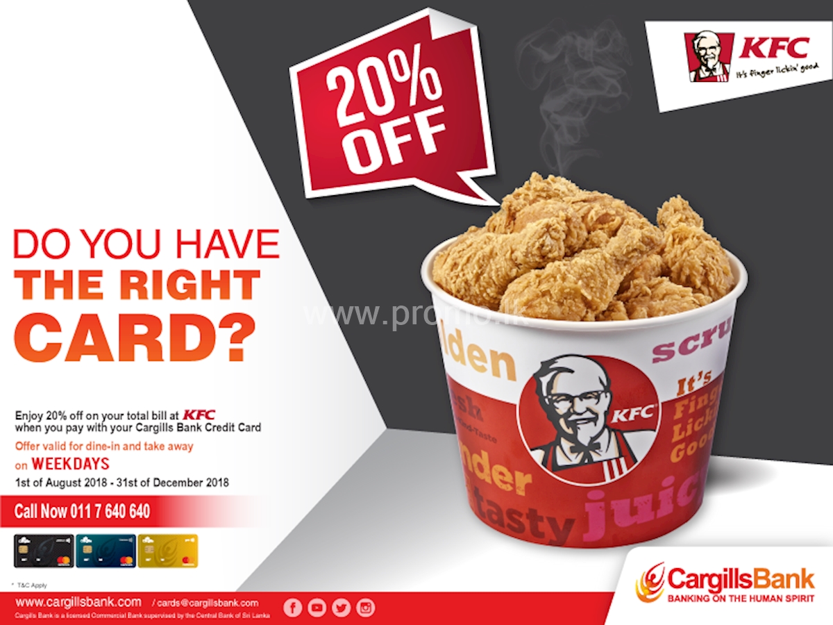 Enjoy 20% Off on at KFC with your Cargills Bank Cards