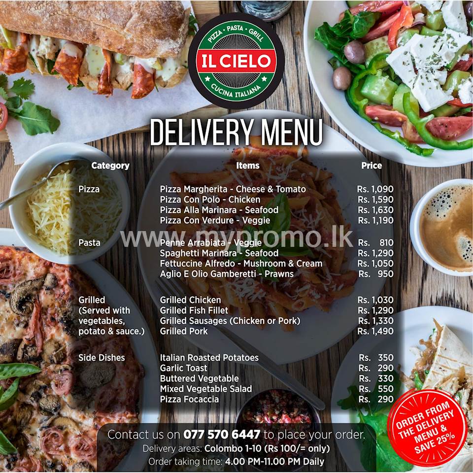 Save 25% when you order from delivery menu at IL Cielo